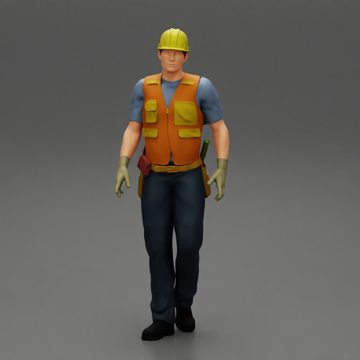 3D Printable construction worker with a helmet and tool belt walking by ...