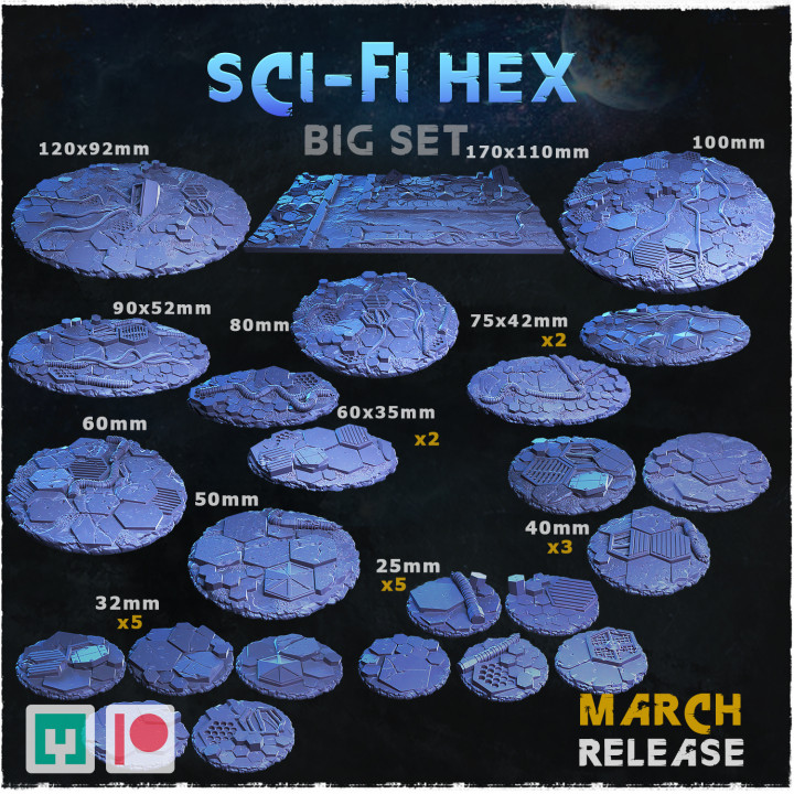 3D Printable Sci-fi Hex - Bases & Toppers (Big Set ) by Zabavka Workshop
