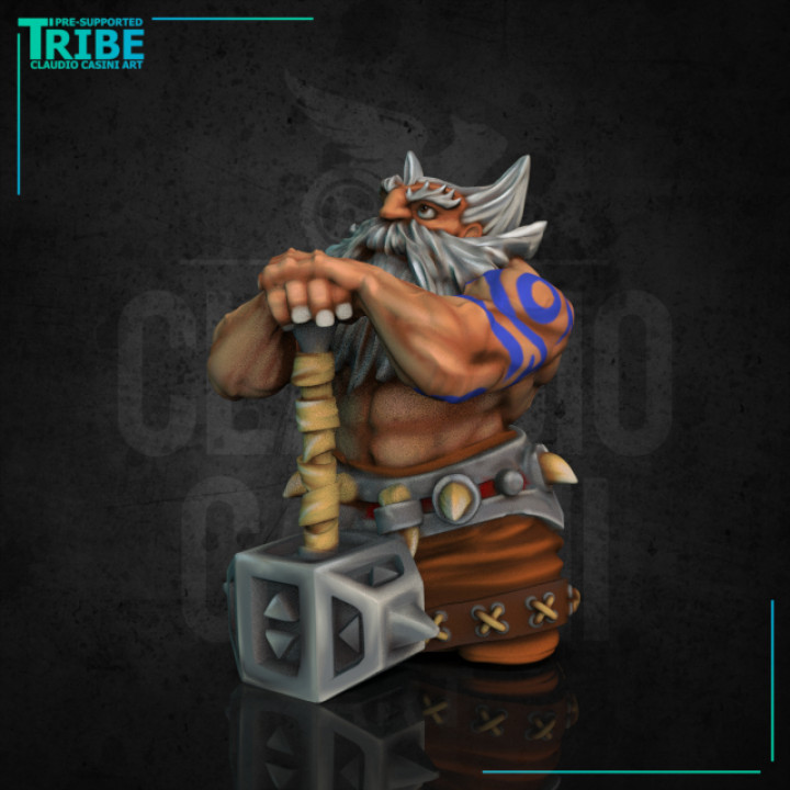 3D Printable (0134) Male dwarf barbarian warrior with two hands hammer by Claudio Casini Art