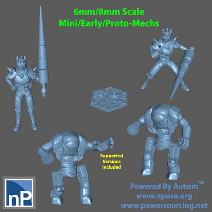3D Printable 6mm/8mm Mini/Early/Proto-Mechs, pack 2 by nonPareil Institute