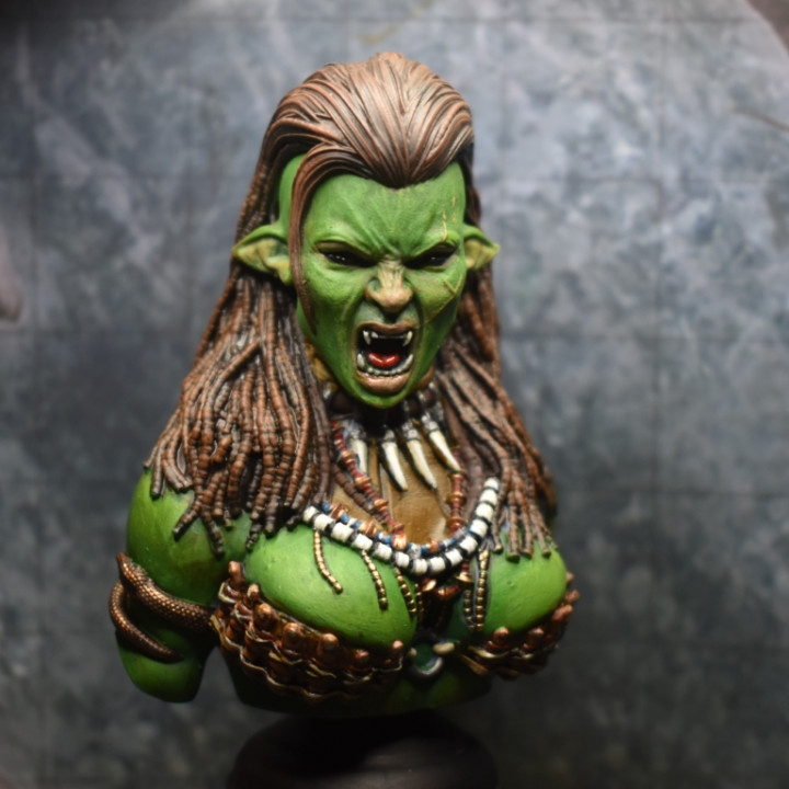 3D Print of 'War Cry' Female Orc Bust 90mm Scale by Pyxora