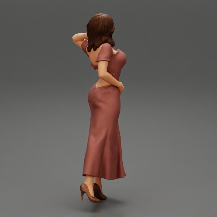 3D Printable beautiful tanned woman wearing an elegant dress posing ...