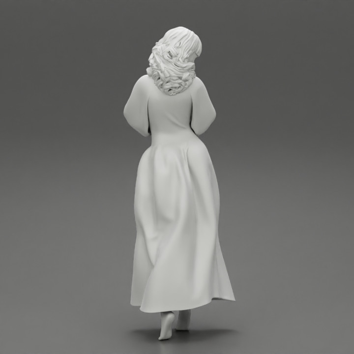 3D Printable Fashion woman standing in long dress back turned and ...