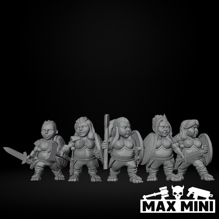 3D Printable Halfling Shield Maiden Melee Fighters by Max Mini