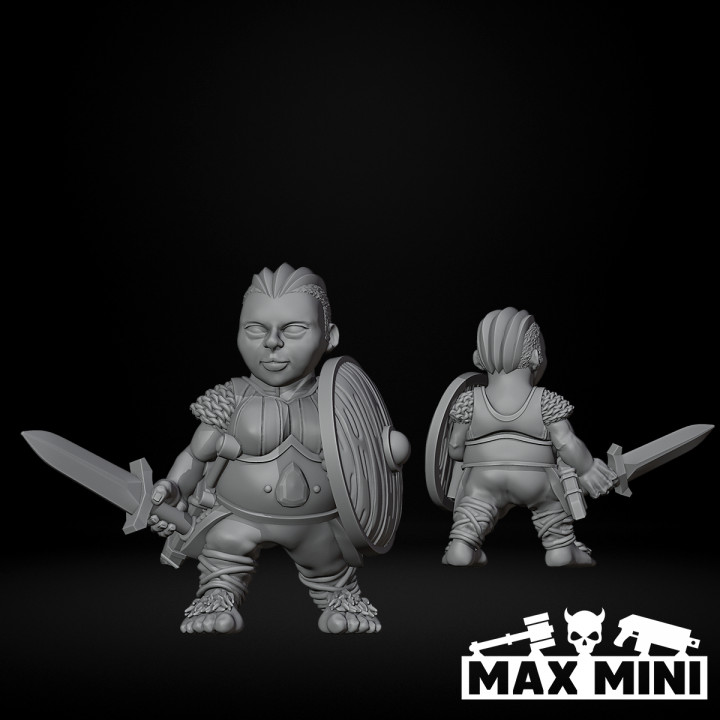 3D Printable Halfling Shield Maiden Melee Fighters by Max Mini