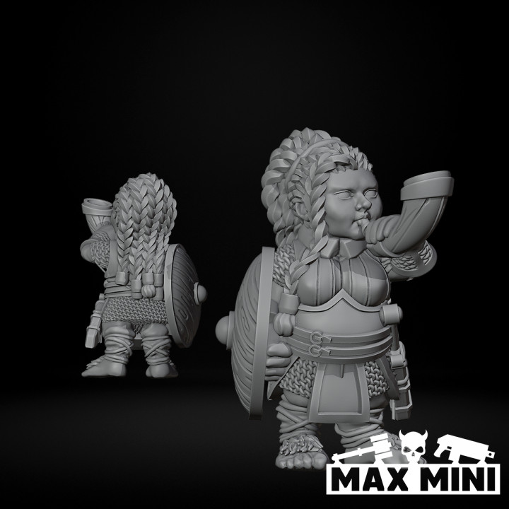 3D Printable Halfling Shield Maiden Melee Fighters Command by Max Mini