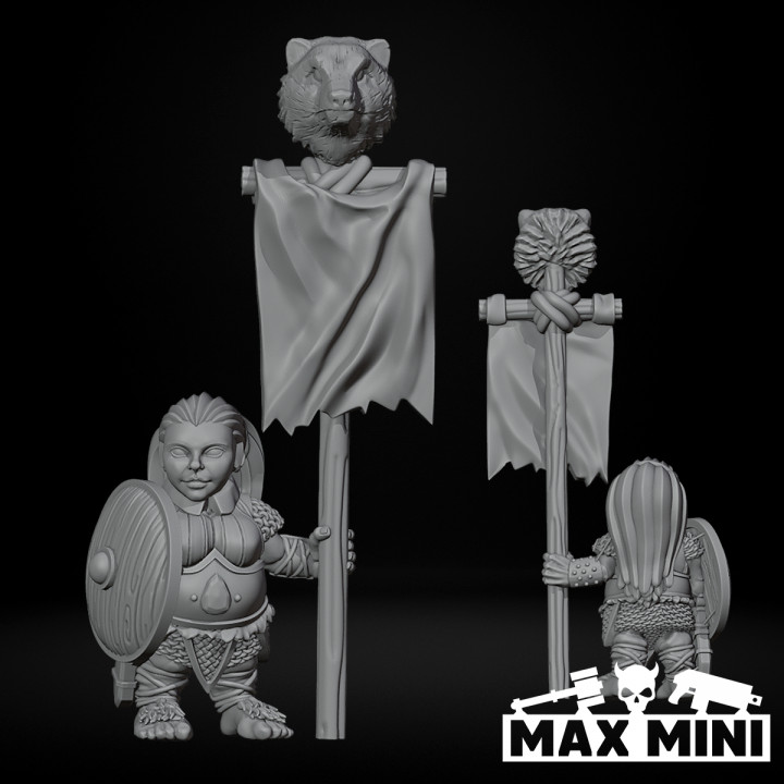3D Printable Halfling Shield Maiden Melee Fighters Command by Max Mini