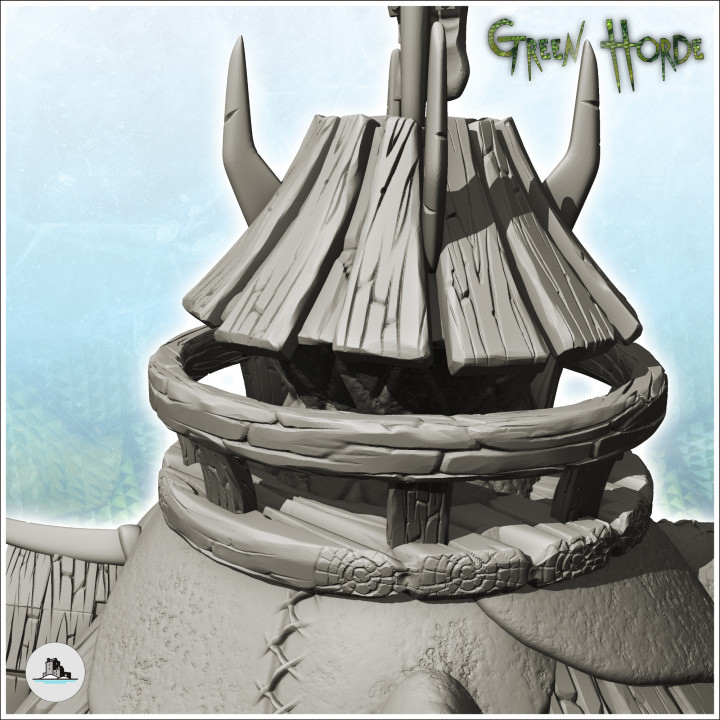 3D Printable Orc round house with wooden roof and horn decorations (3 ...