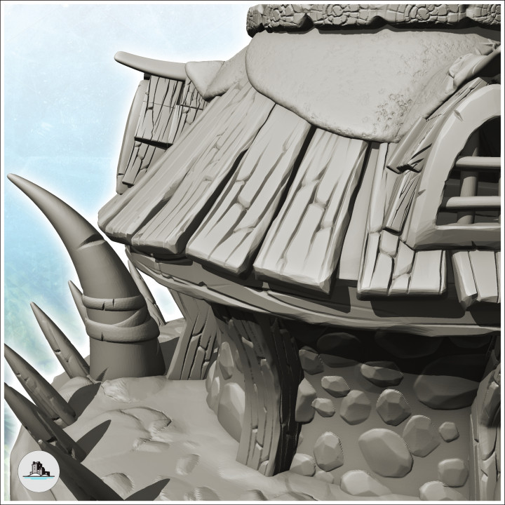 3D Printable Orc round house with wooden roof and horn decorations (3 ...