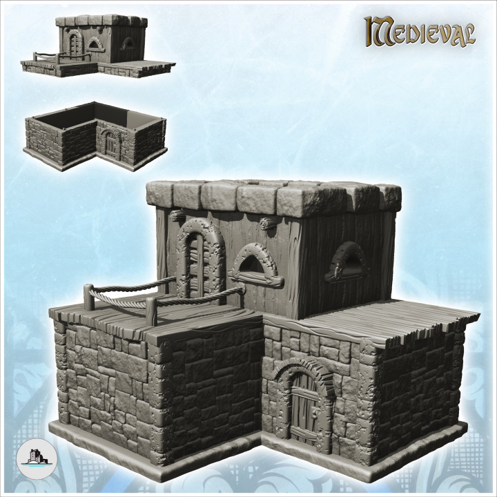 3D Printable Medieval stone building with flat roof and terrace (4 ...