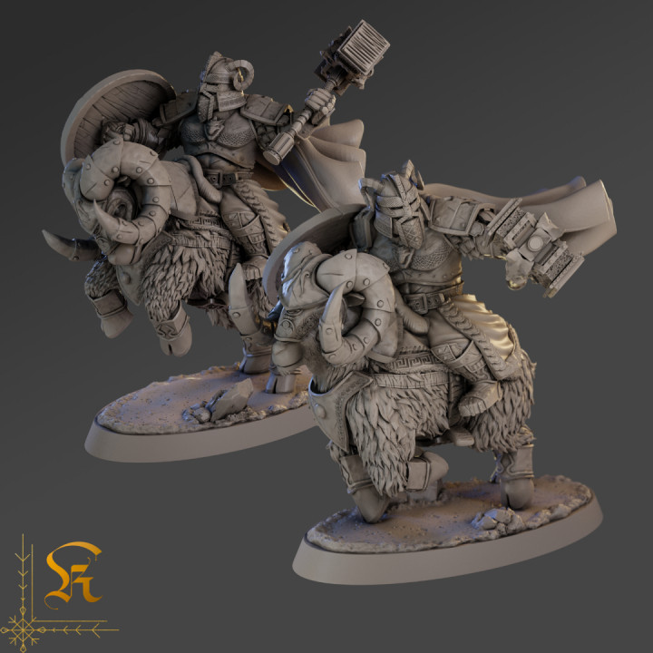 3D Printable Dwarven Ram Riders (28mm & 32mm & 75mm) by Krizzart Miniatures