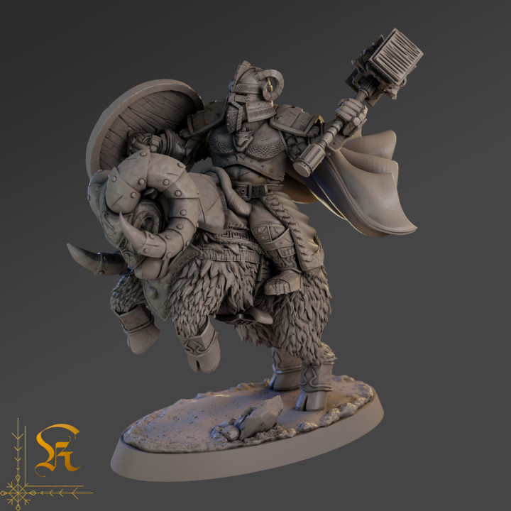 3D Printable Dwarven Ram Riders (28mm & 32mm & 75mm) by Krizzart Miniatures