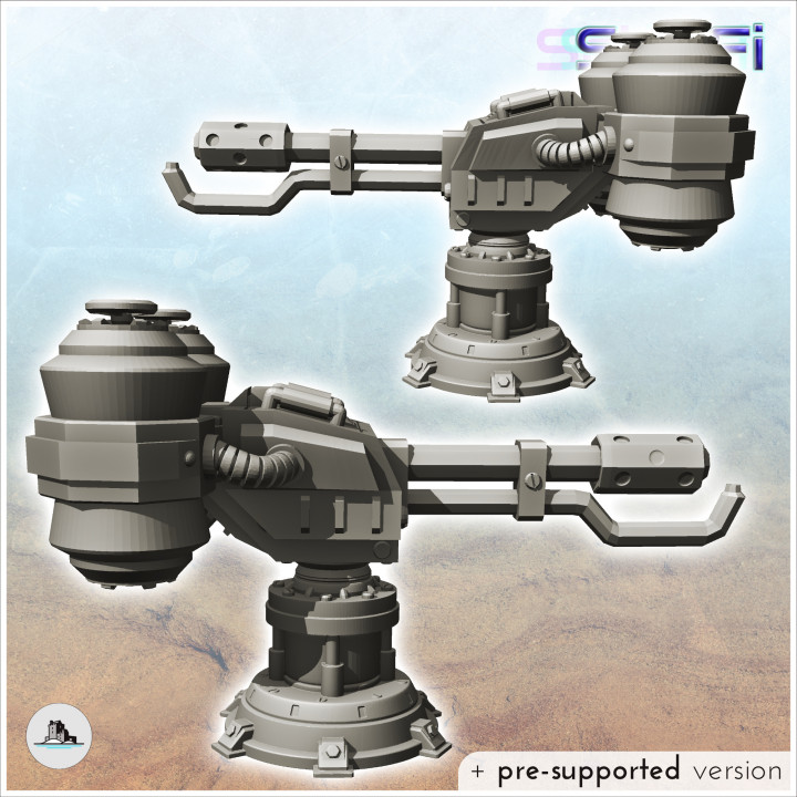 3D Printable Futuristic turret with cannon and double reloading pods (2 ...