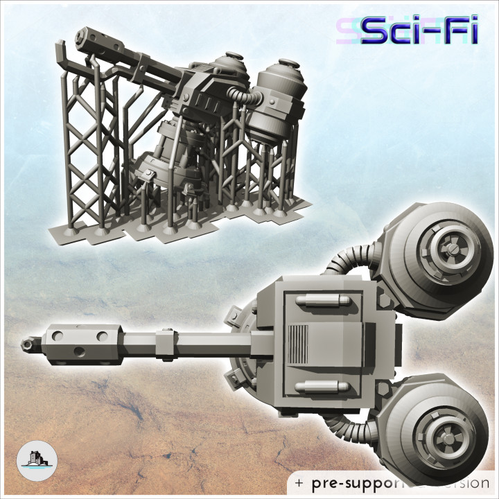 3D Printable Futuristic turret with cannon and double reloading pods (2 ...