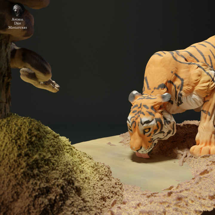 3D Printable Burmese Python and Bengal Tiger by Animal Den Miniatures