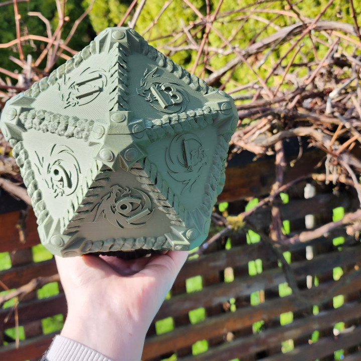 3D Printable Dragon-themed d20 dice container by Jacob and Kira