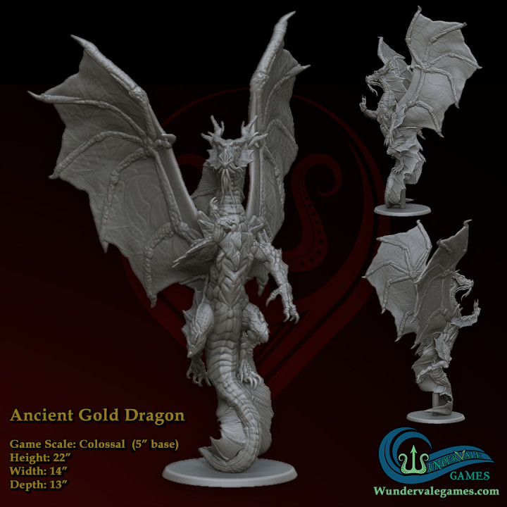 3D Printable Ancient Gold Dragon by Wundervale Games