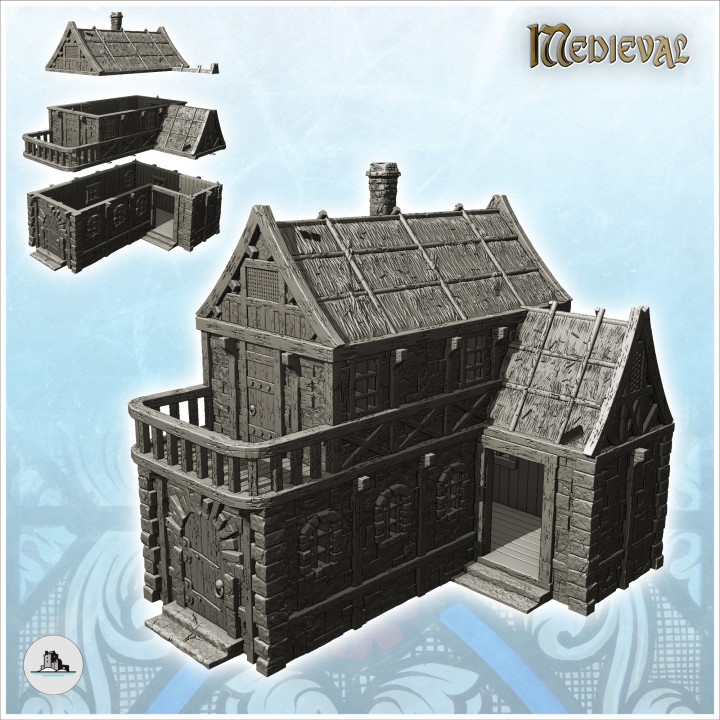 3D Printable Medieval house with terrace, large door and thatched roof ...