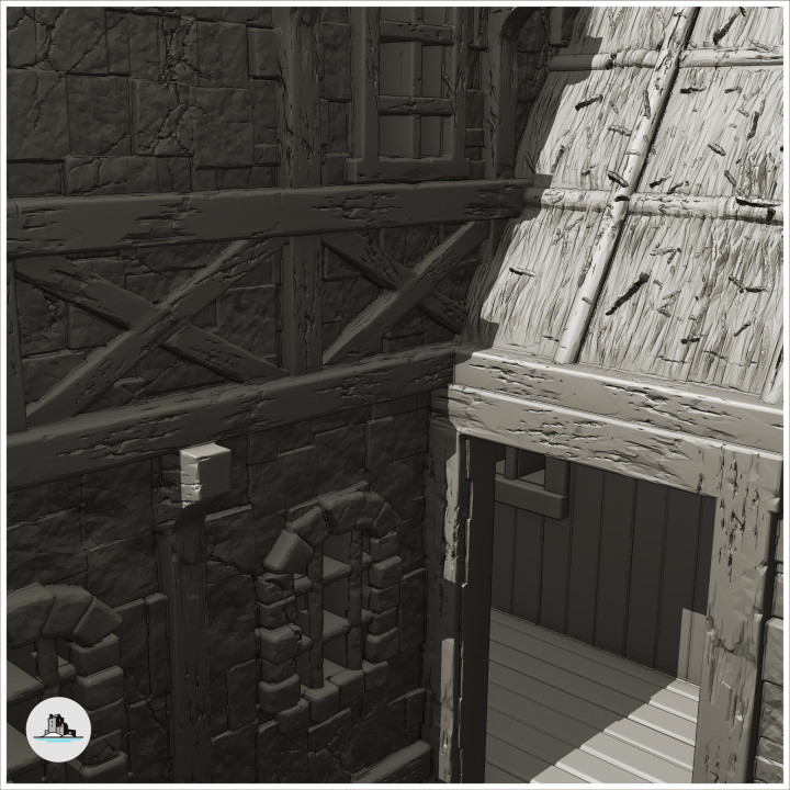 3D Printable Medieval house with terrace, large door and thatched roof ...