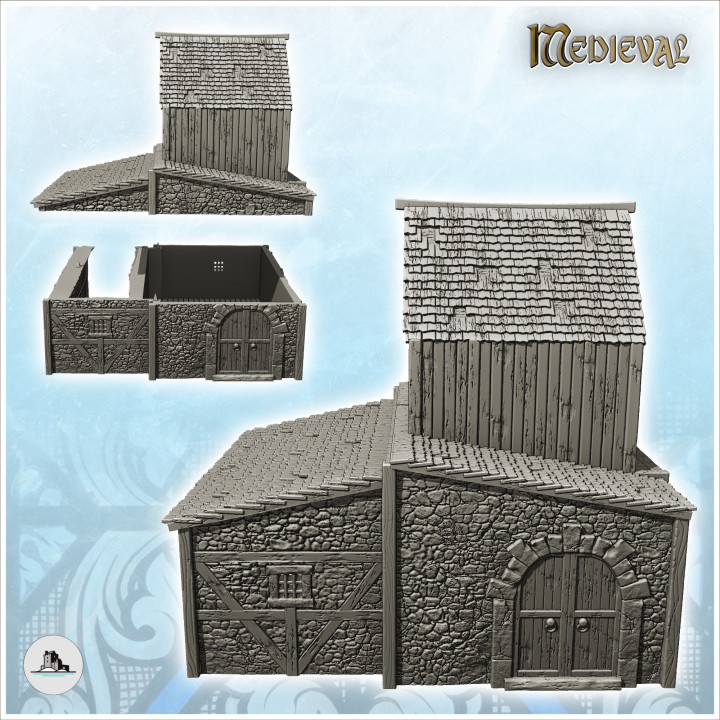 3D Printable Medieval stone building with tile roof and large roof ...