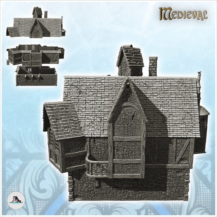 3D Printable Large medieval manor with suspended room, zigzagging roof ...