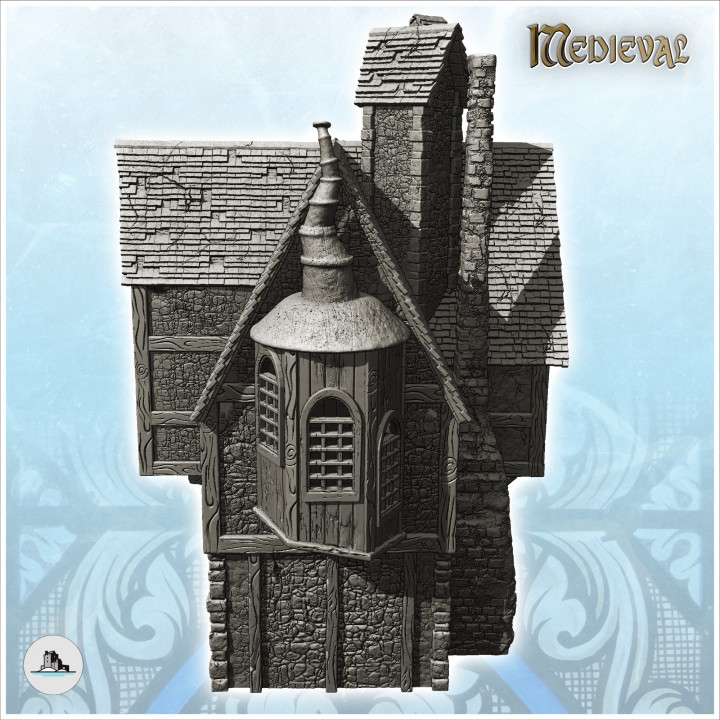 3D Printable Large medieval manor with suspended room, zigzagging roof ...