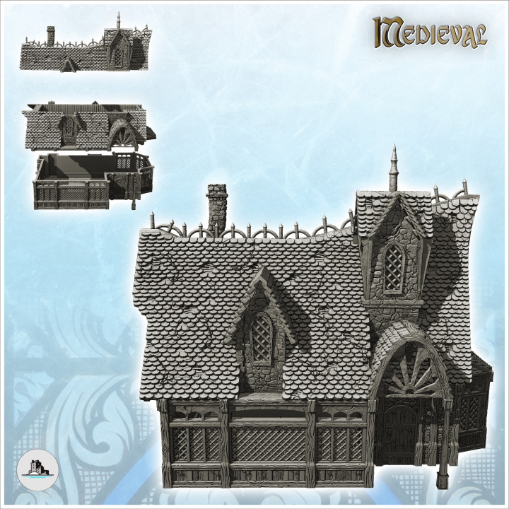 3D Printable Large medieval manor with entrance awning, large windows ...