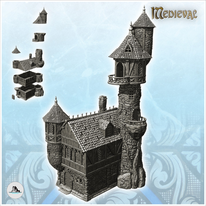 3D Printable Large medieval stone manor with corner tower, large turret ...