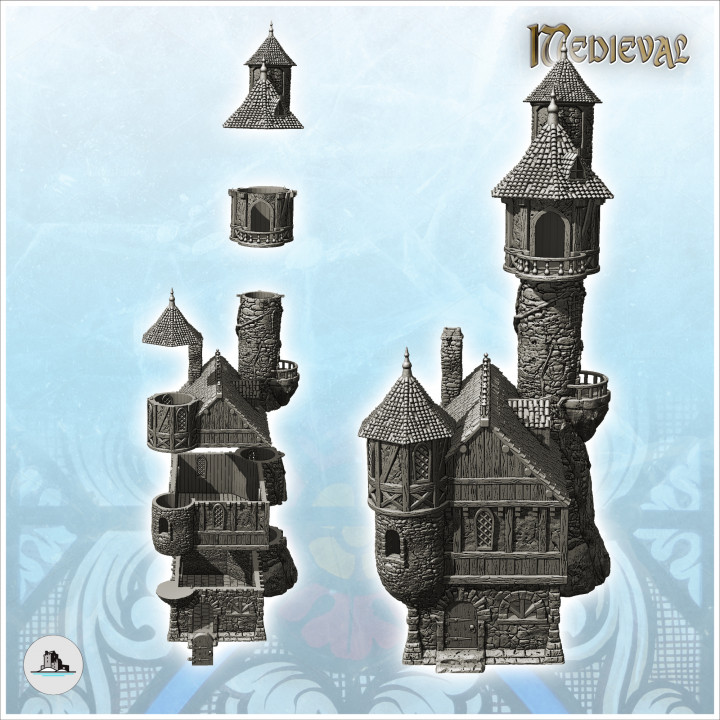 3D Printable Large medieval stone manor with corner tower, large turret ...