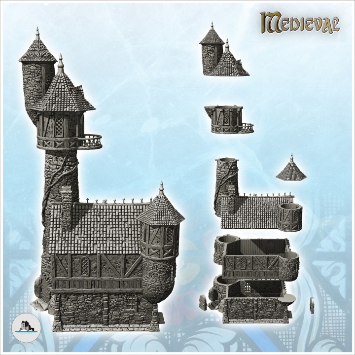 3D Printable Large medieval stone manor with corner tower, large turret ...