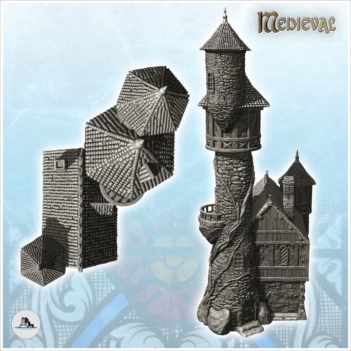 3D Printable Large medieval stone manor with corner tower, large turret ...