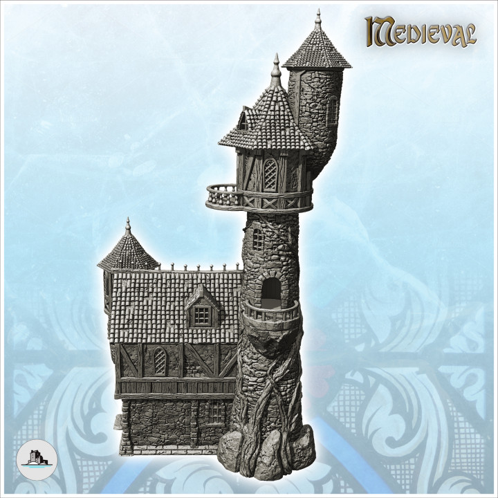 3D Printable Large medieval stone manor with corner tower, large turret ...