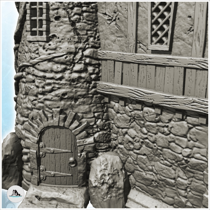 3D Printable Large medieval stone manor with corner tower, large turret ...