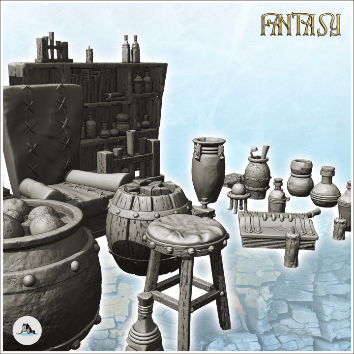 3D Printable Potions store interior set with cauldrons and vials (4 ...