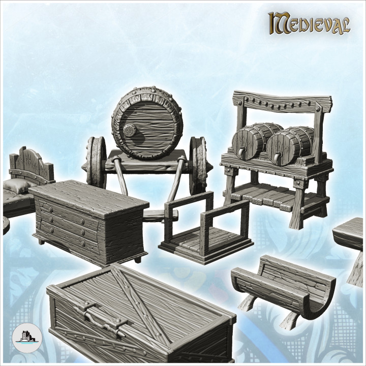 3D Printable Tavern interior set with barrel, bed and fireplace (5 ...