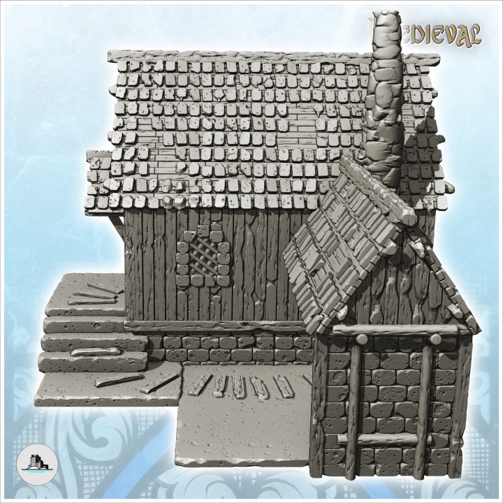 3D Printable Blacksmith's building with forge under canopy and stairway ...