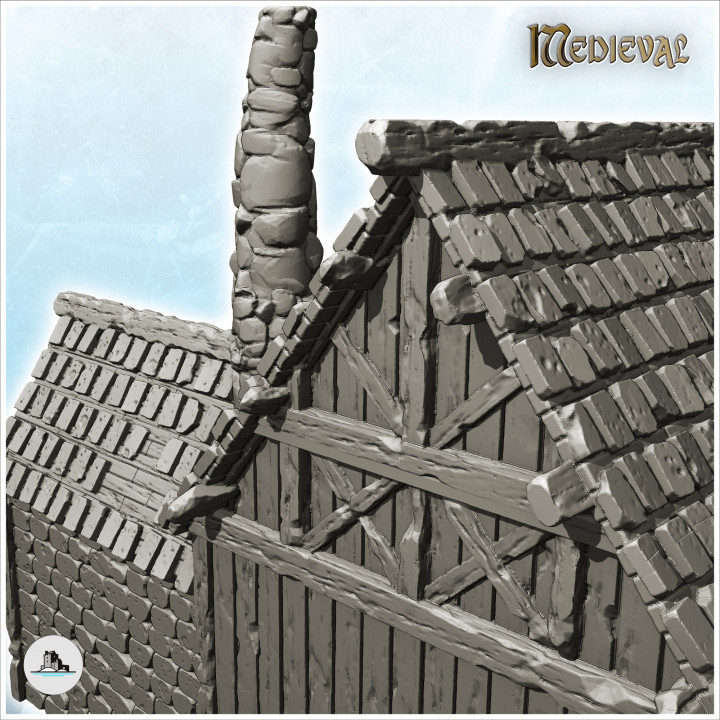 3D Printable Blacksmith's building with forge under canopy and stairway ...