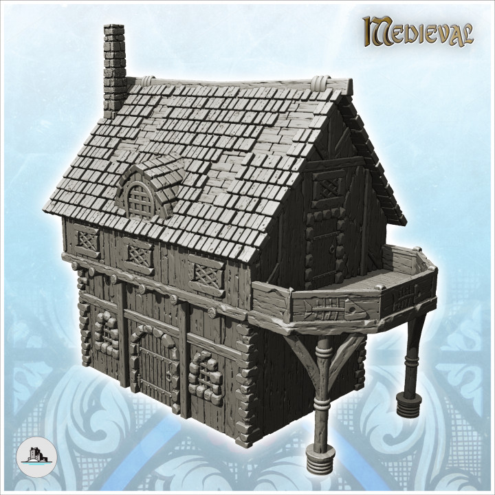 3D Printable Medieval wooden house with large terrace and fireplace (14 ...