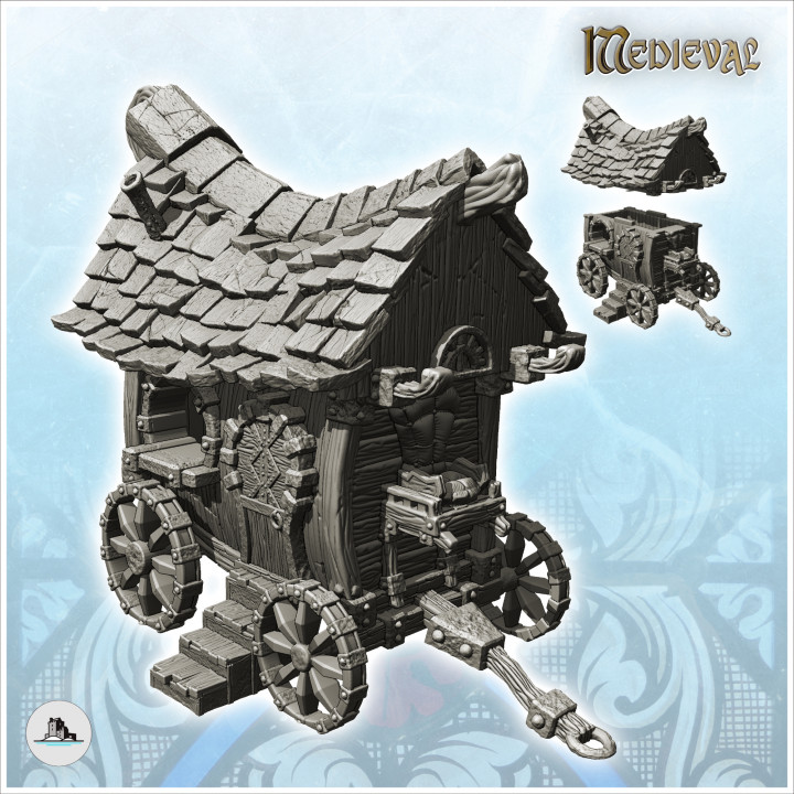 3D Printable Wooden merchant's caravan with tile roof and upholstered ...