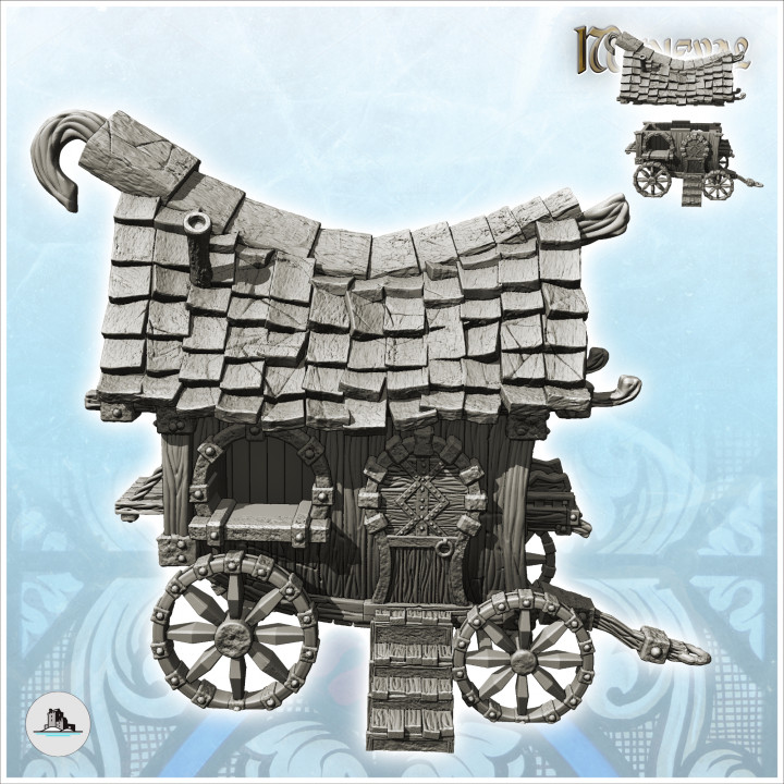 3D Printable Wooden merchant's caravan with tile roof and upholstered ...