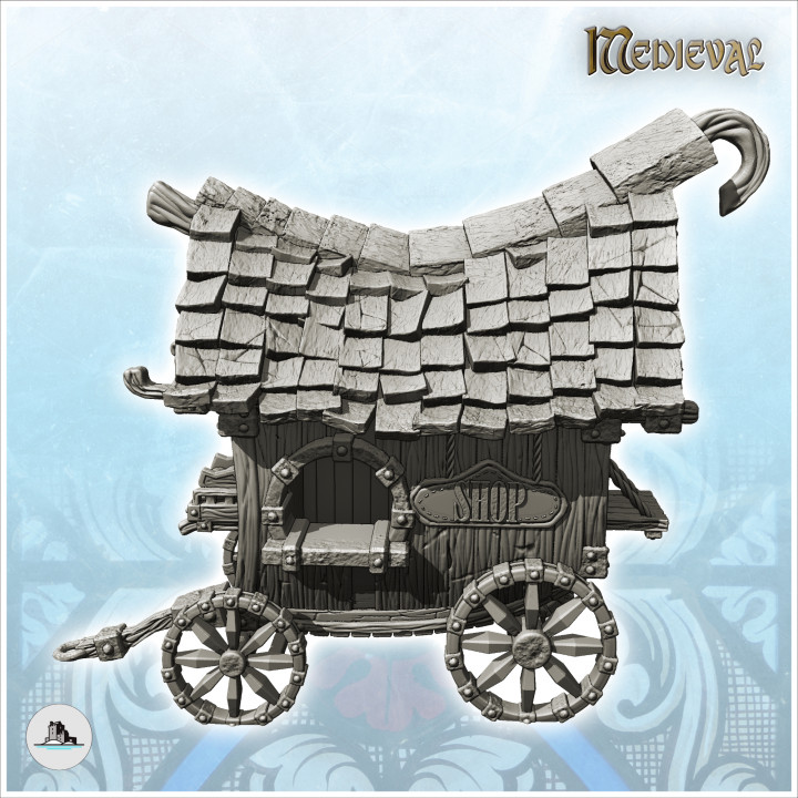 3D Printable Wooden merchant's caravan with tile roof and upholstered ...