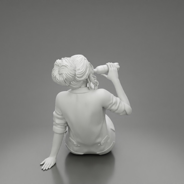 3D Printable Tired woman mechanic sitting and drinking water during ...