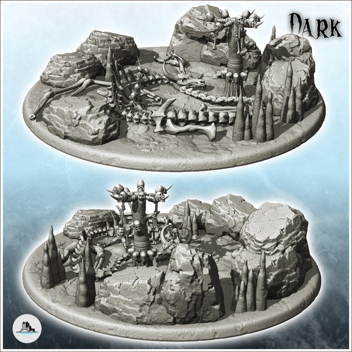 3D Printable Fantasy scene of desolation with items with skulls and ...