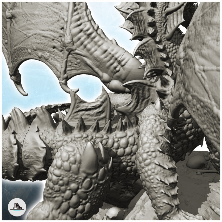 3D Printable Dragon on rock with open mouth and human bones on the ...