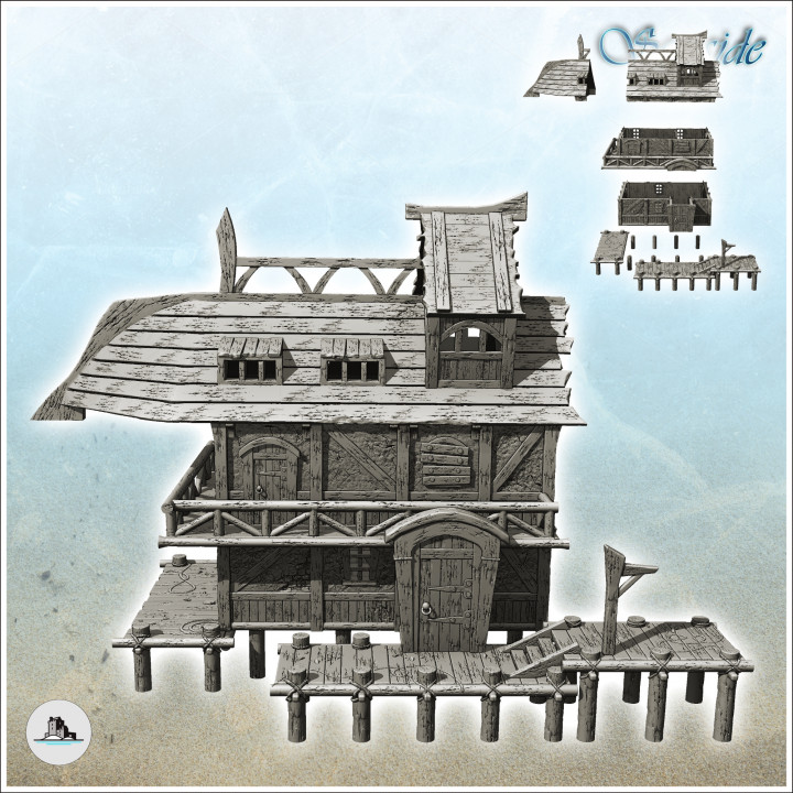 3D Printable Medieval building on wooden dock with second floor and ...