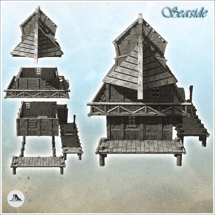 3D Printable Medieval building on wooden dock with second floor and ...