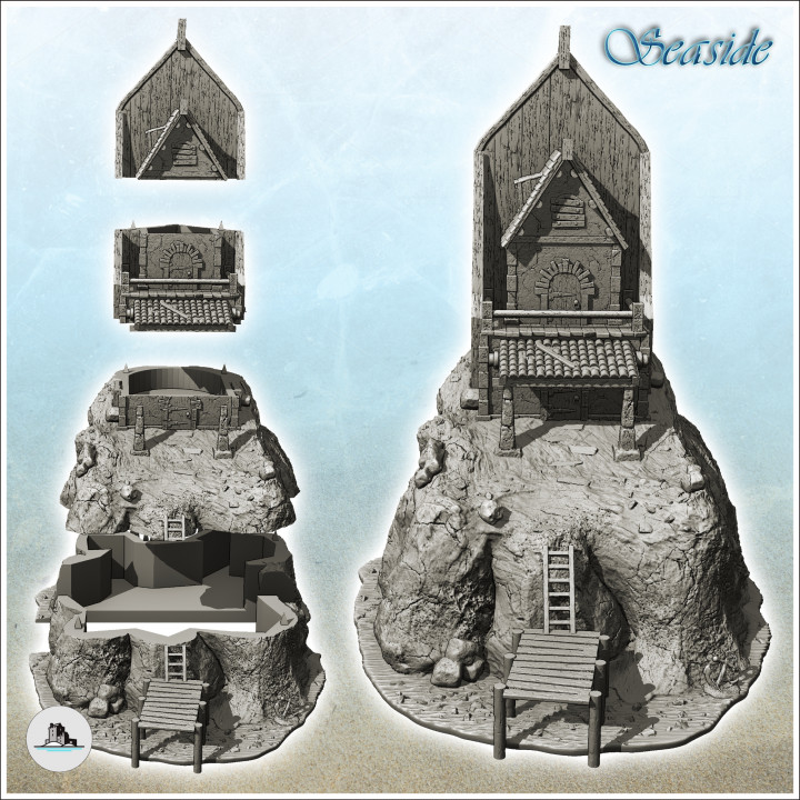 3D Printable Pirate building on rock in boat shape with wooden access ...