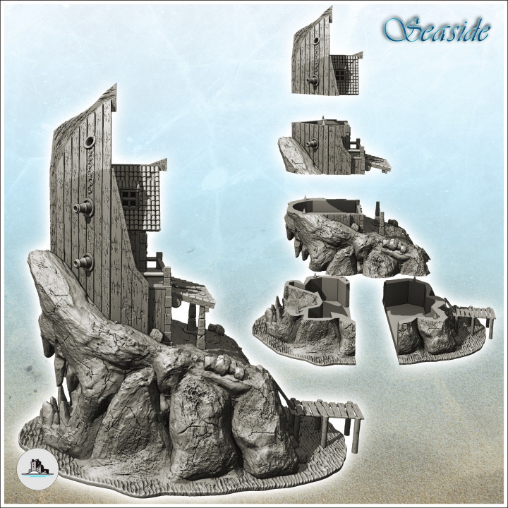 3D Printable Pirate building on rock in boat shape with wooden access ...