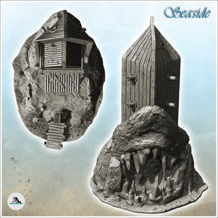 3D Printable Pirate building on rock in boat shape with wooden access ...