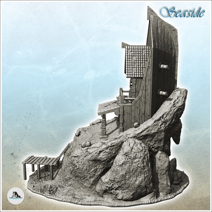 3D Printable Pirate building on rock in boat shape with wooden access ...